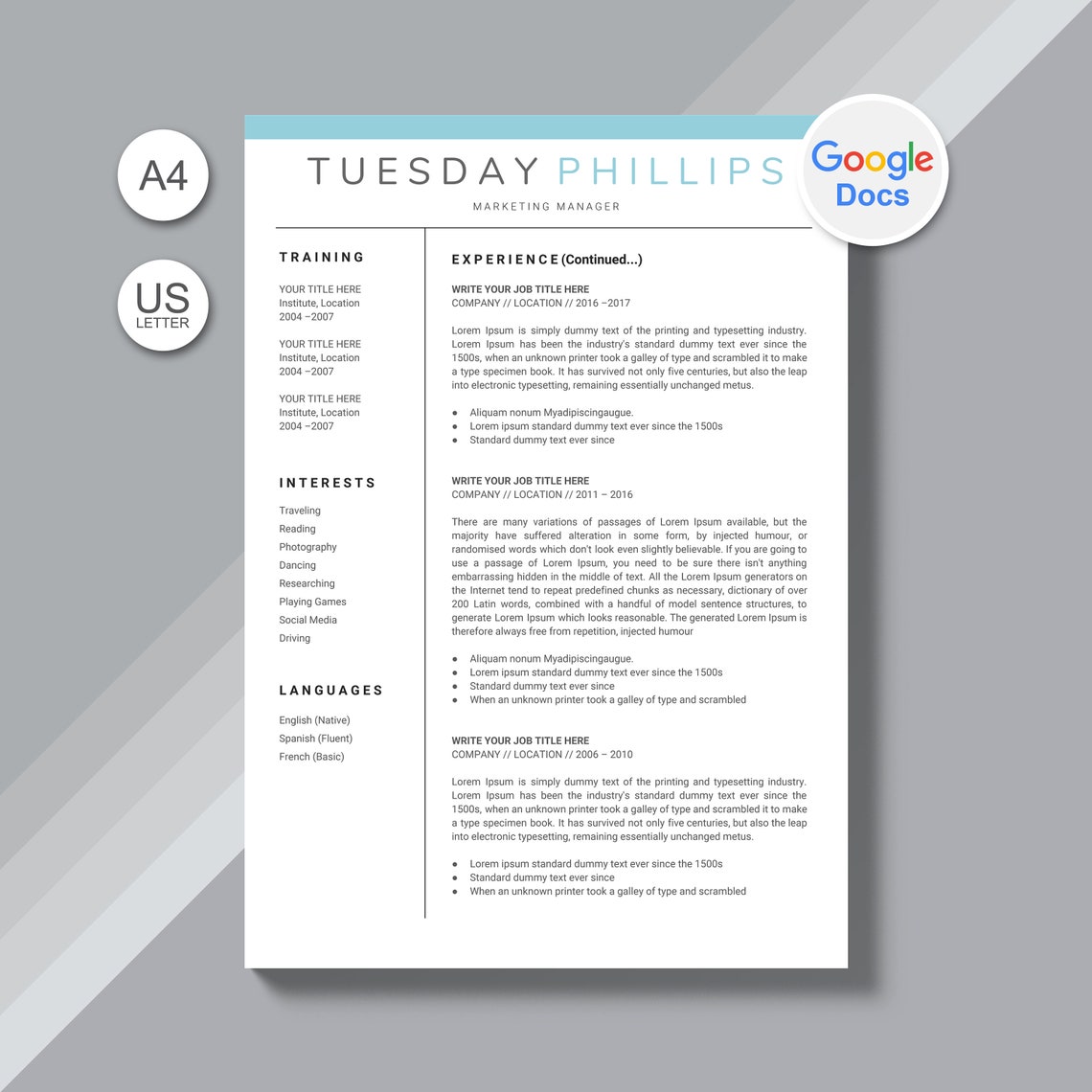 Creative Google Doc Resume Template Google Docs Resume | Etsy