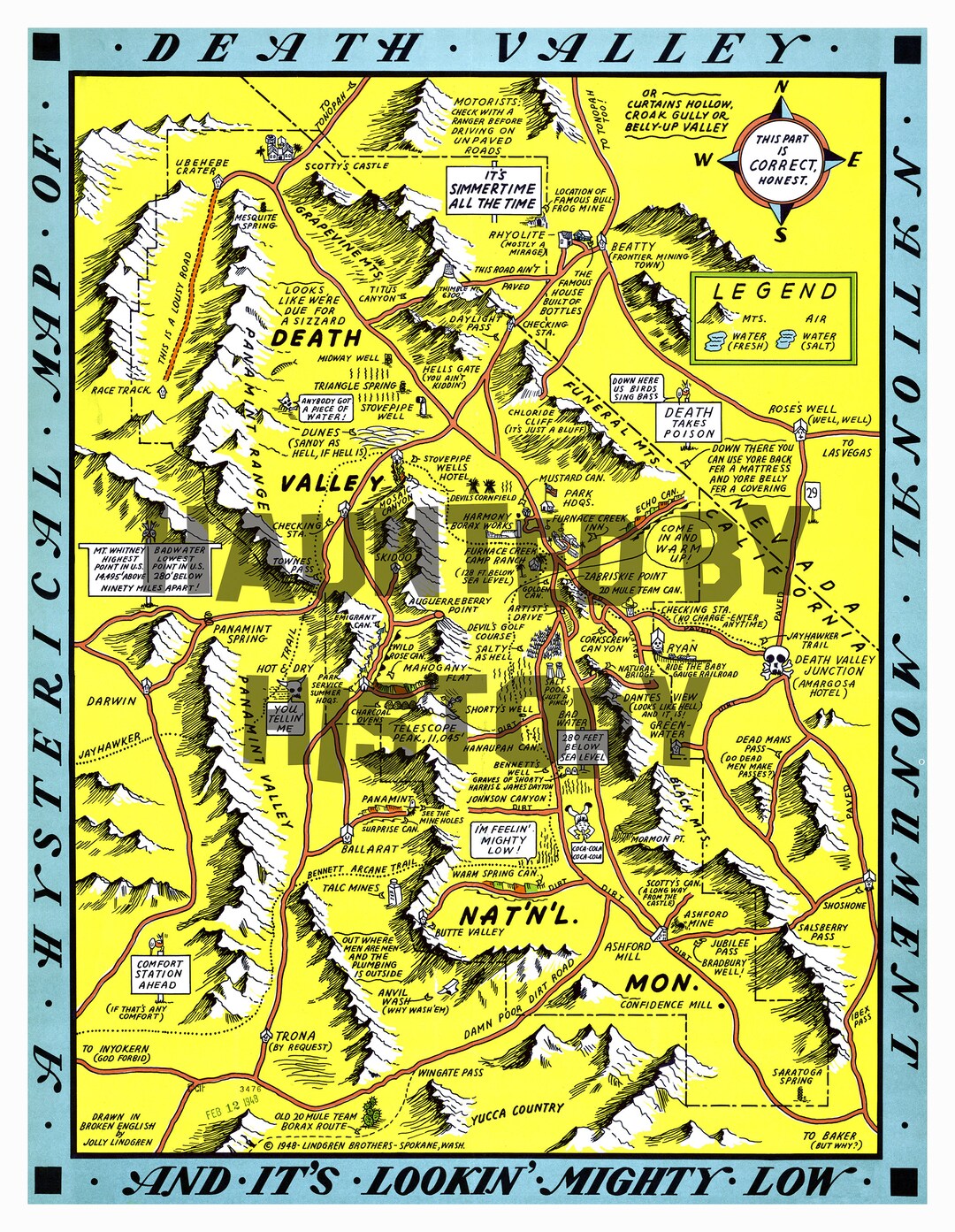 Vintage Death Valley Map Premium Matte Poster 1940s National Monument ...