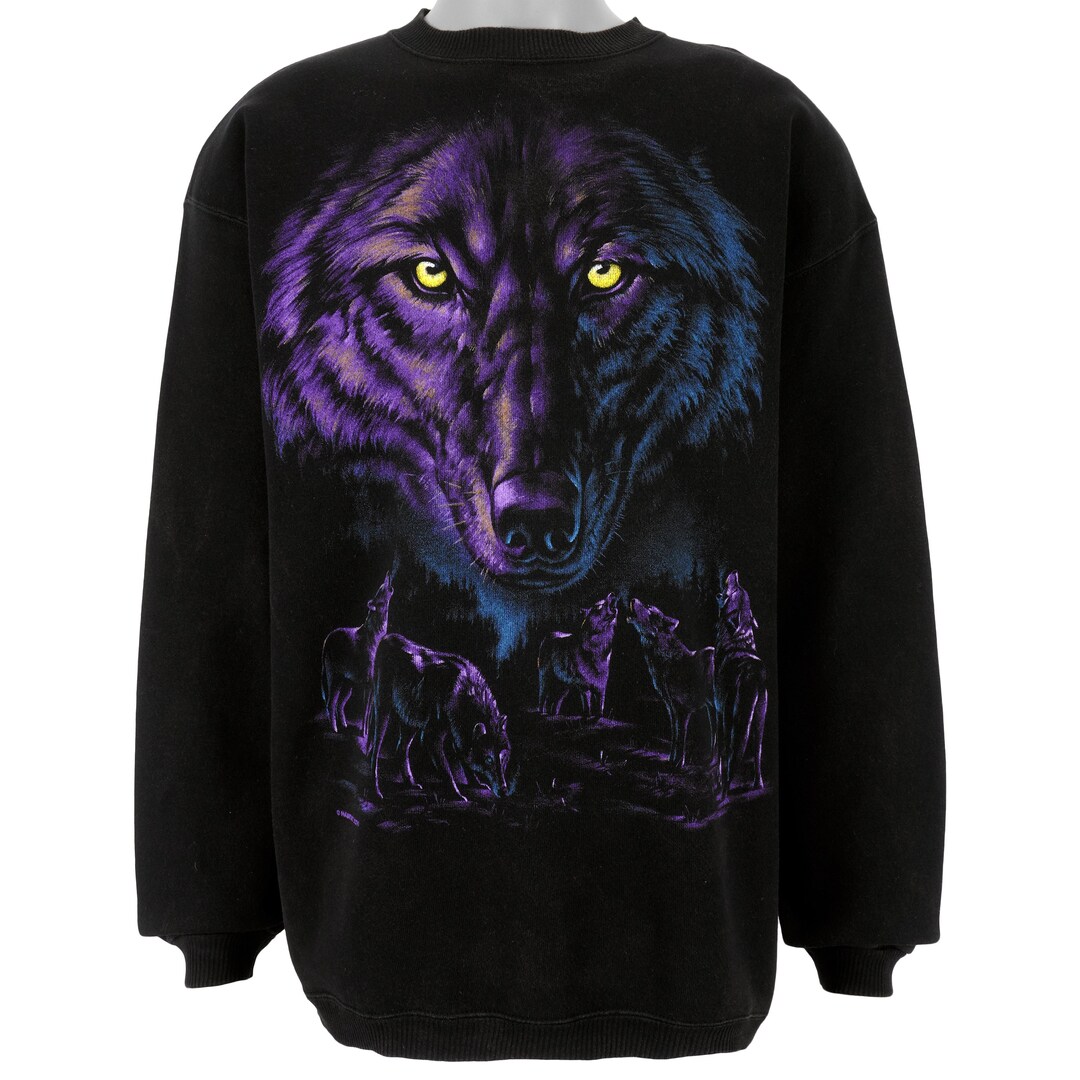 Vintage habitat Black Wolf Crew Neck Sweatshirt 1990s Large - Etsy