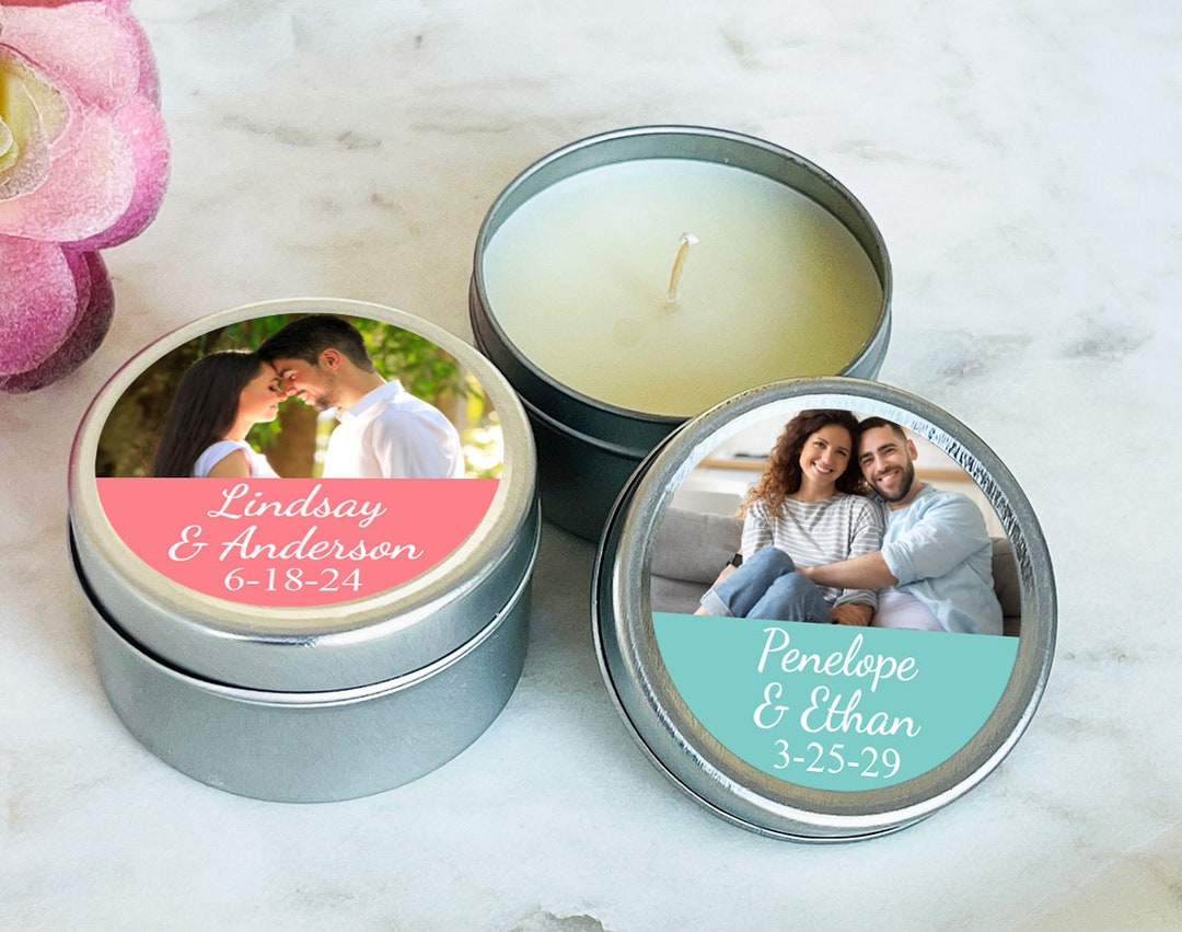Set of 12 Personalized Travel Candle Tin With Wedding Photo Labels ...