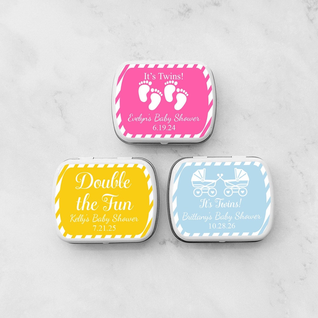 Twins Baby Shower Personalized Mini White Tin Container Favors With ...