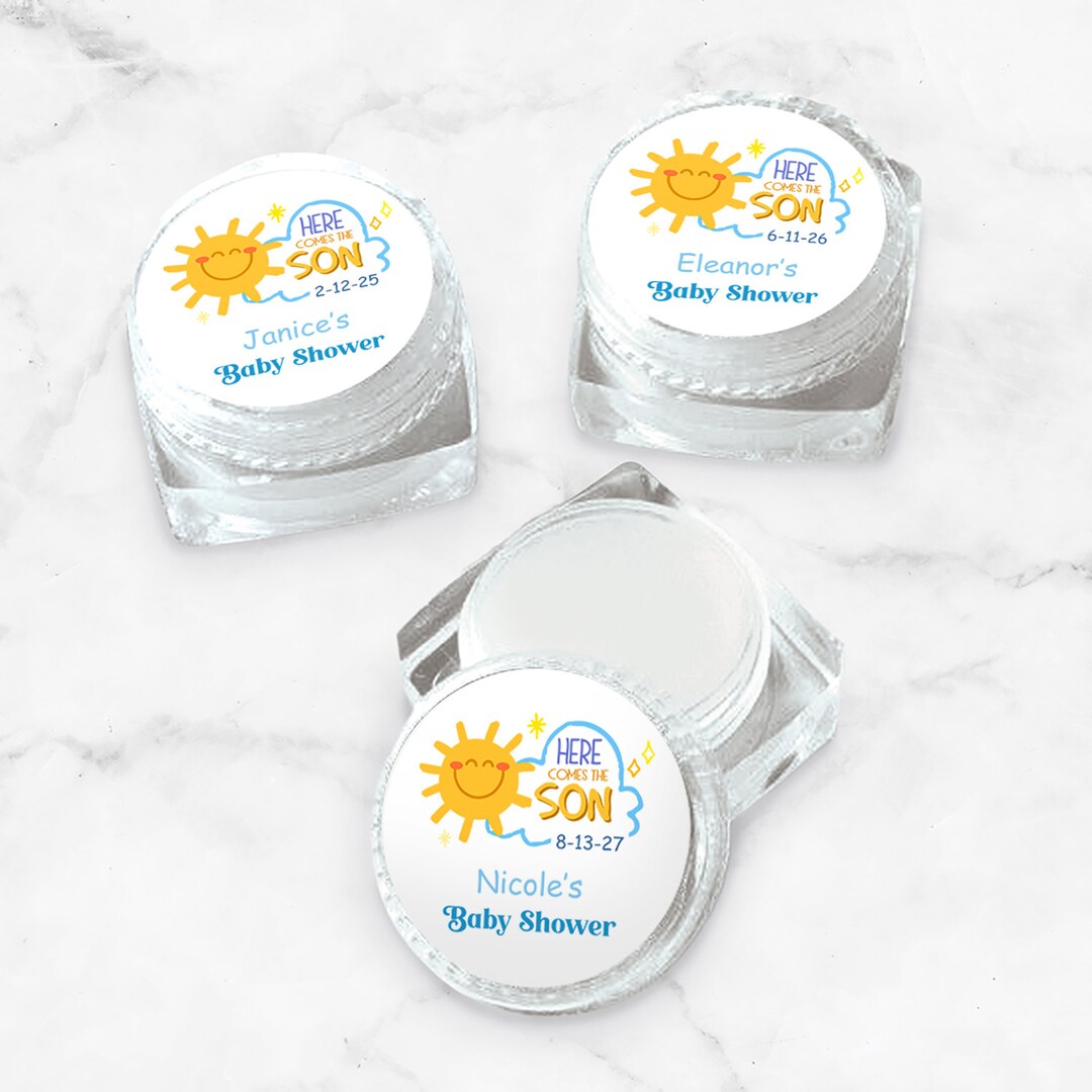 Set of 12 Personalized Lip Balm Party Favors Here Comes the Son Baby ...
