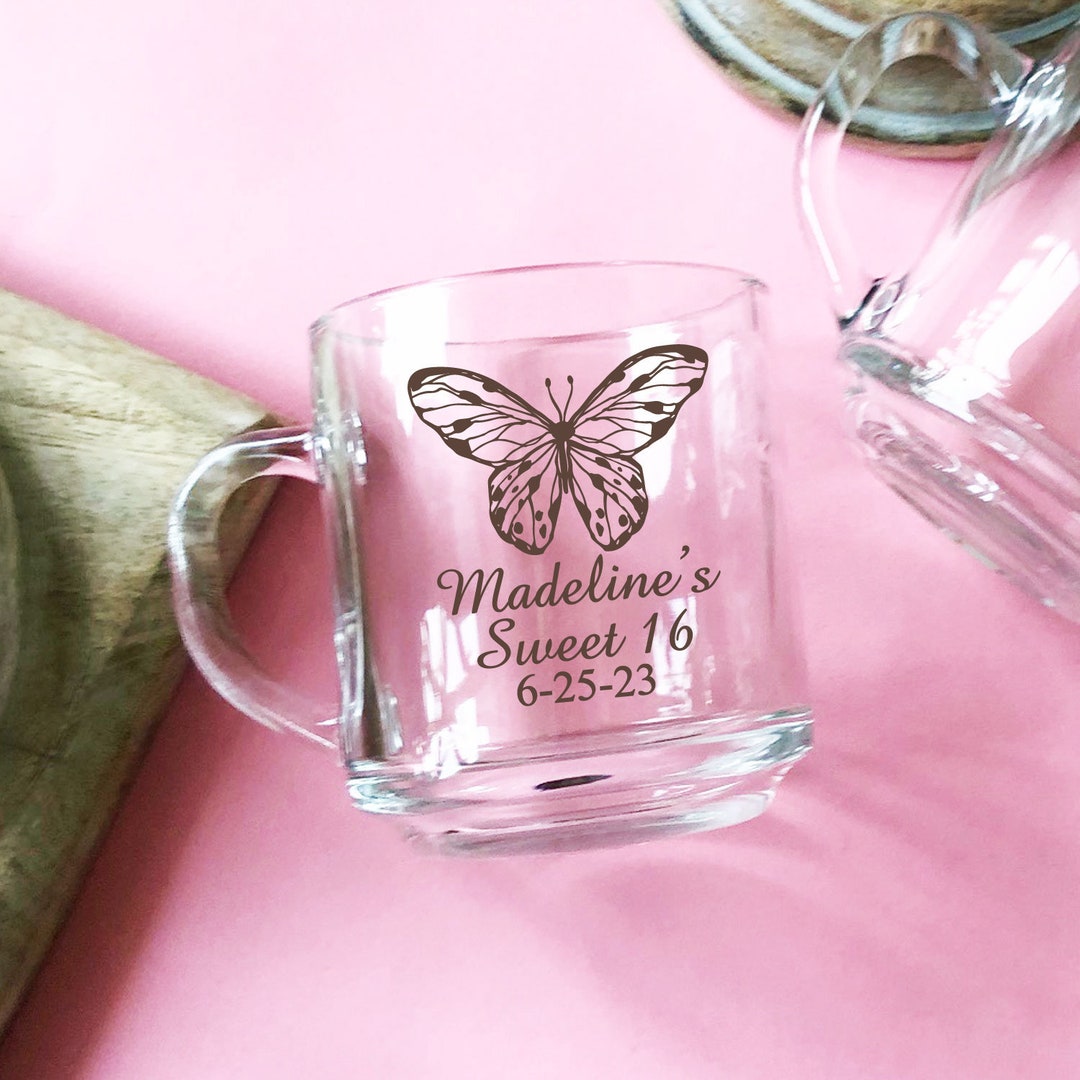 Set of 24// Personalized Glass Coffee Mugs Butterfly 10 Ounce Handy ...