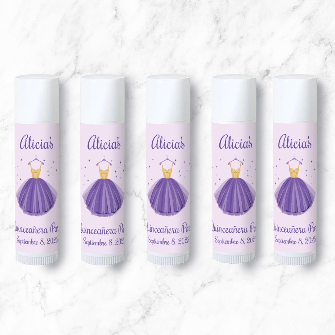 Set of 12 Personalized Lip Balm With Quince Purple Dress Labels ...