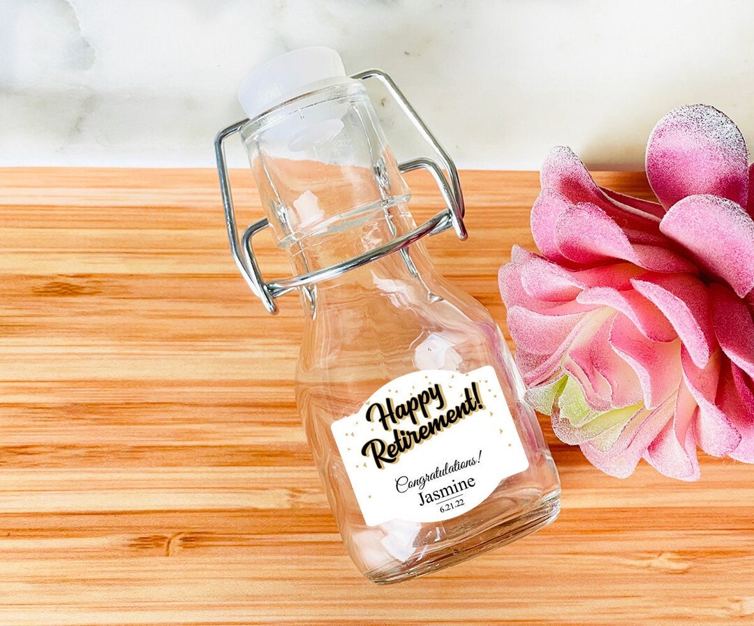 Happy Retirement Personalized Mini Glass Favor Bottle With Swing Top ...