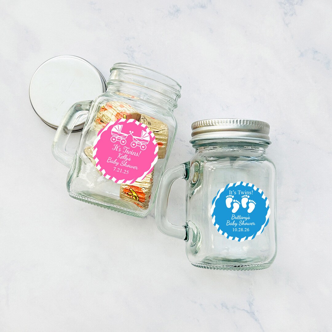 Set of 12 Twins Baby Shower Personalized Mini Mason Glass Jar Container ...