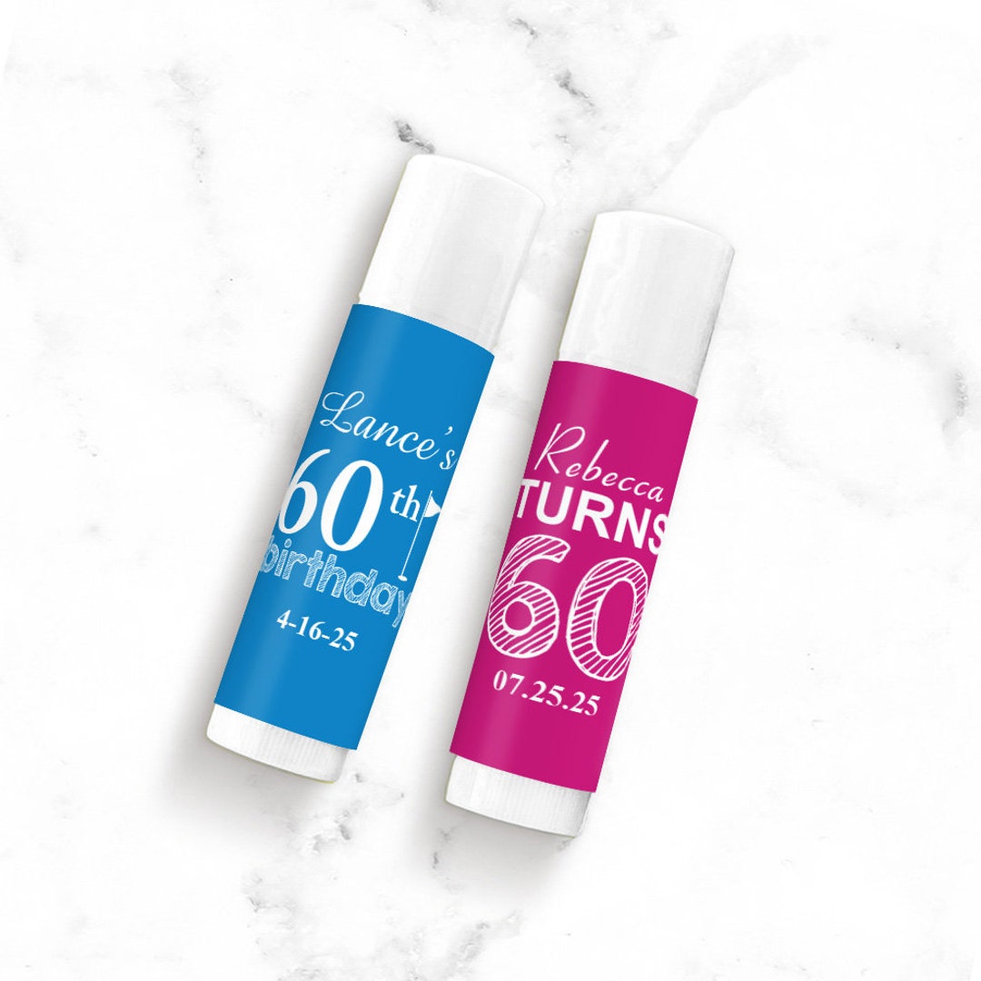 Set of 12 Personalized Lip Balm Favors With 60th Birthday Design Labels ...