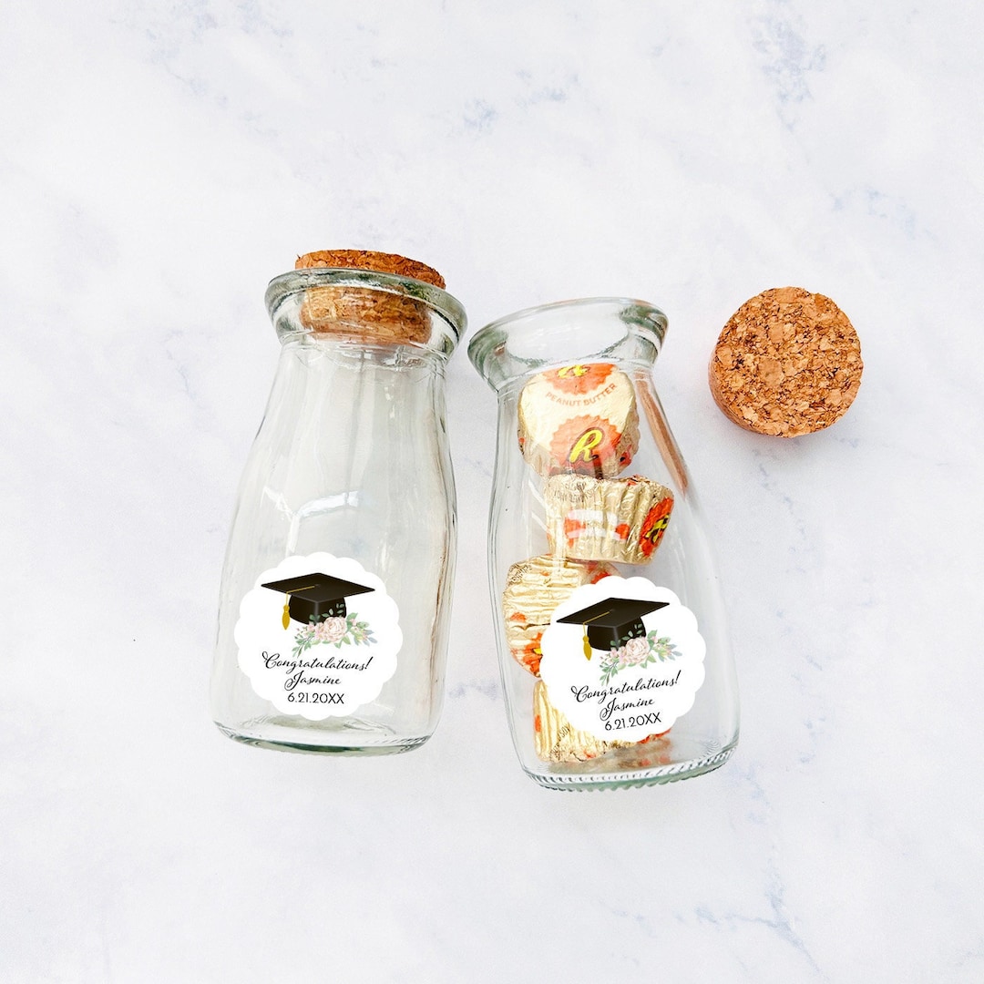 Set of 12 Mini Glass Vintage Milk Jar Favor Bottle With Graduation Cap ...