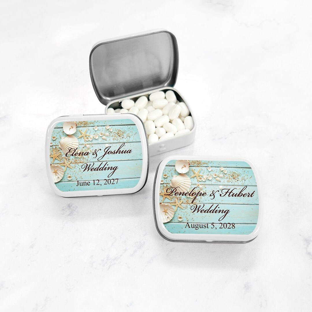 Pearly Shell Wedding Personalized White Mint Tin Containers Labels ...