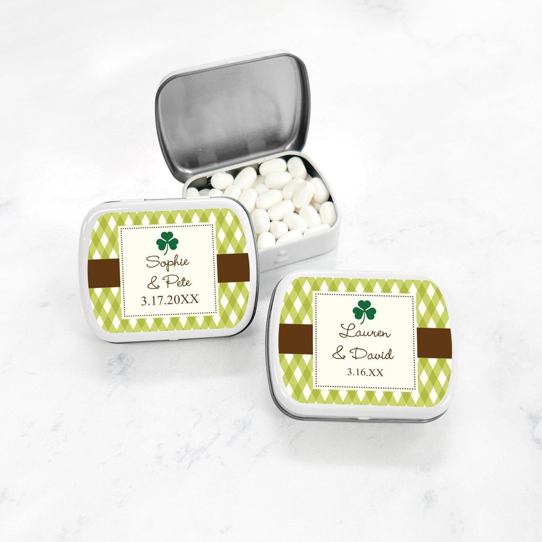 Irish Shamrock Checkered Personalized White Mint Tin Containers Labels ...