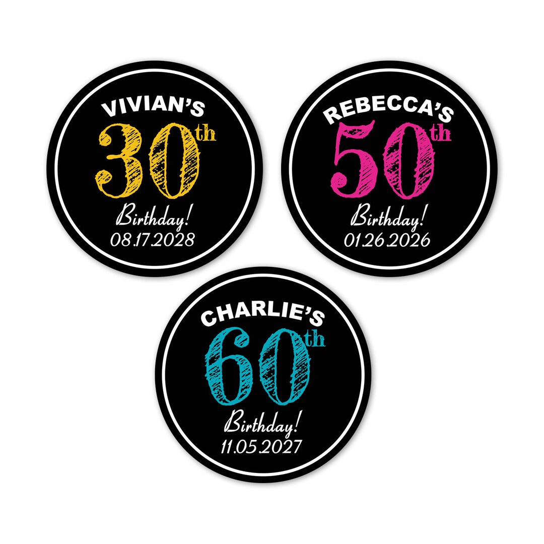 Set of 24 Personalized Circular Round Labels Birthday Number Age Favors ...