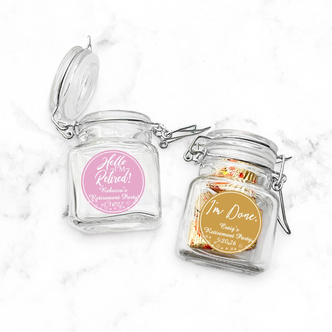 Set of 12 Retirement Personalized Mini Glass Favor Bottle Jar With ...