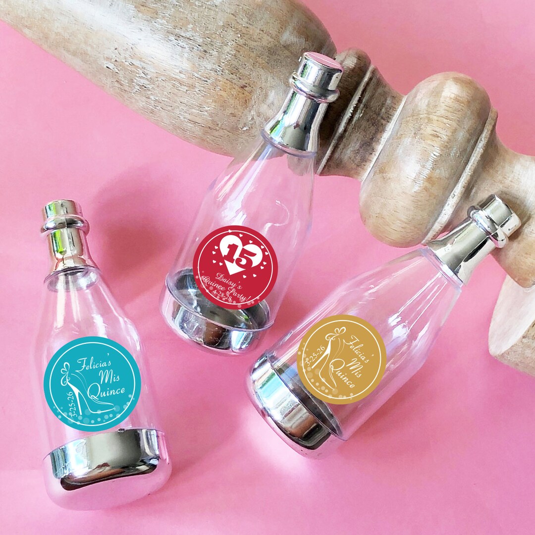Set of 12 Quince Favors, Personalized Champagne Plastic Bottle ...