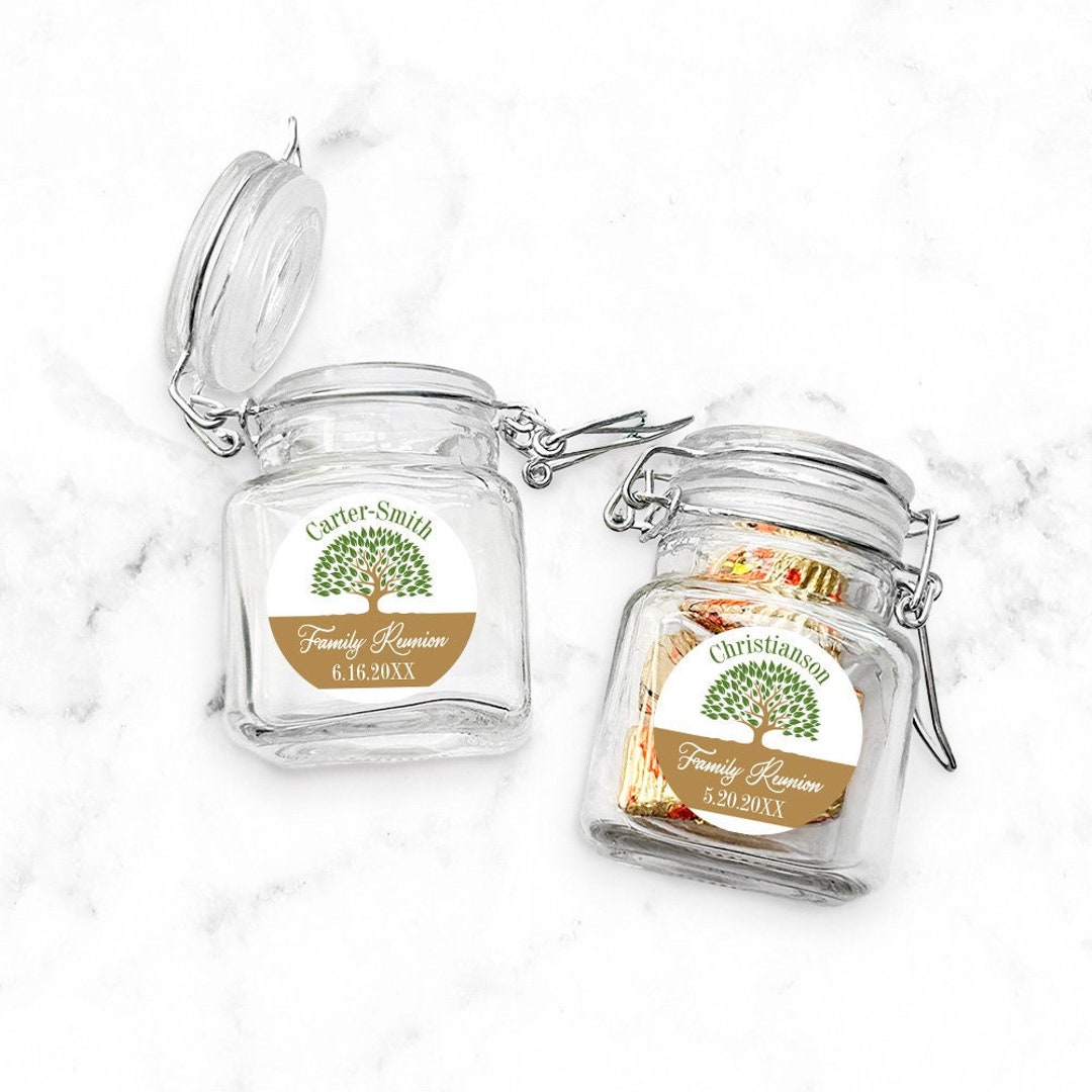 Family Reunion Personalized Mini Glass Favor Bottle Jar With Labels ...