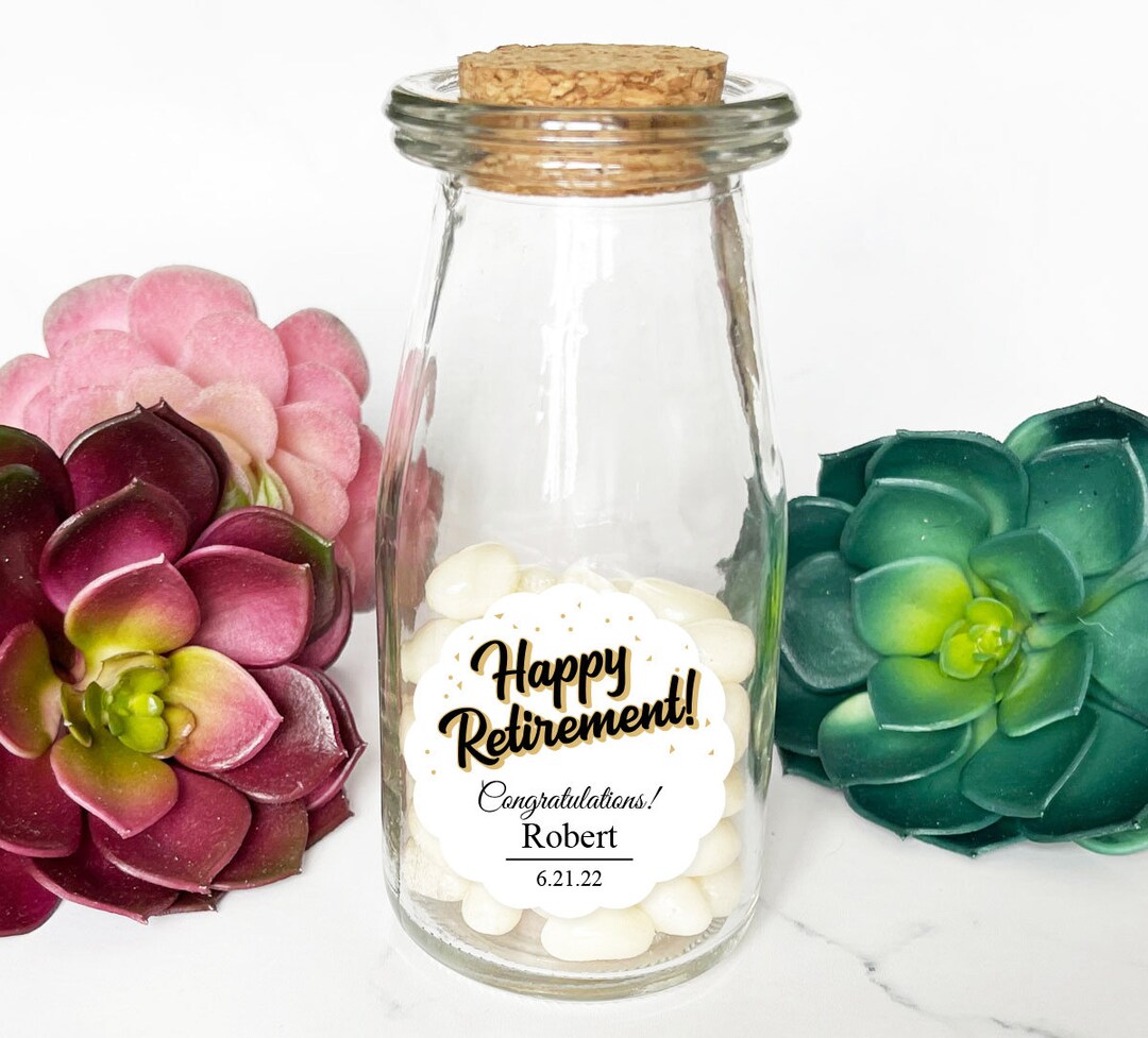 Happy Retirement Mini Glass Vintage Milk Jar Favor Bottle With Labels ...