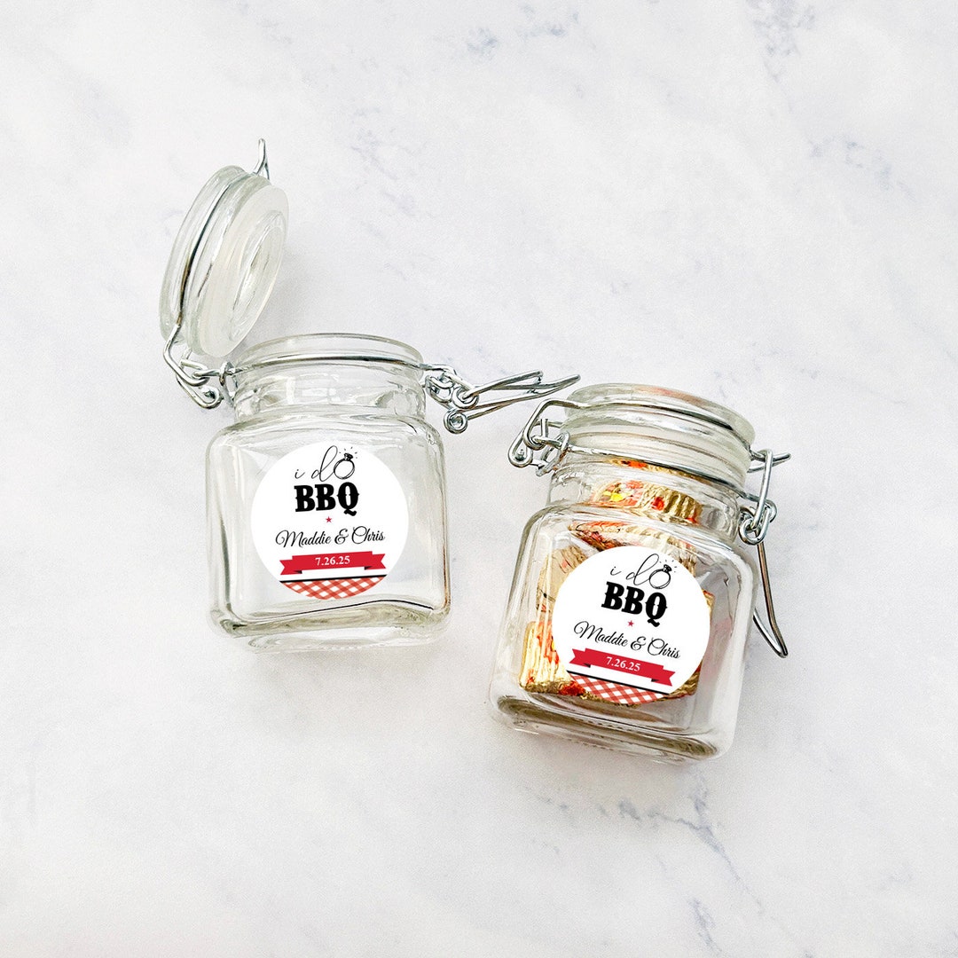Set of 12 Personalized Mini Glass Favor Bottle Jar With I Do BBQ ...