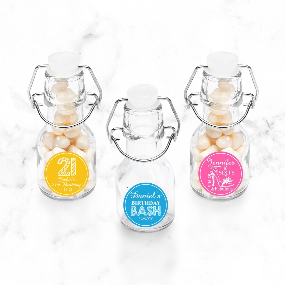 Set of 12 Personalized Birthday Labels Swing Top Glass Candy Jar Favors ...