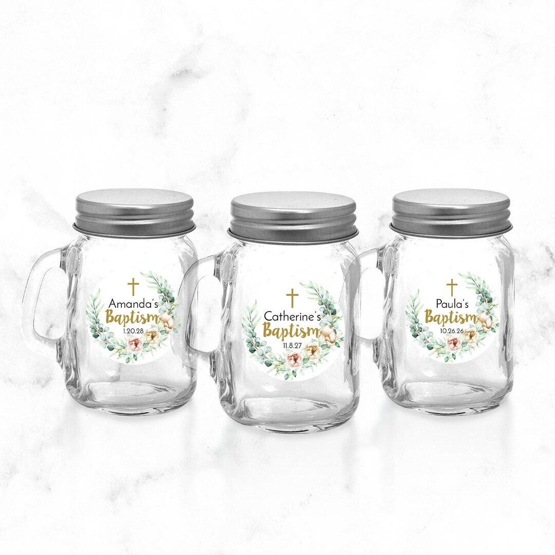 Set of 12 Baptism Favors, Mini Glass Mason Jars With Baptism Labels ...