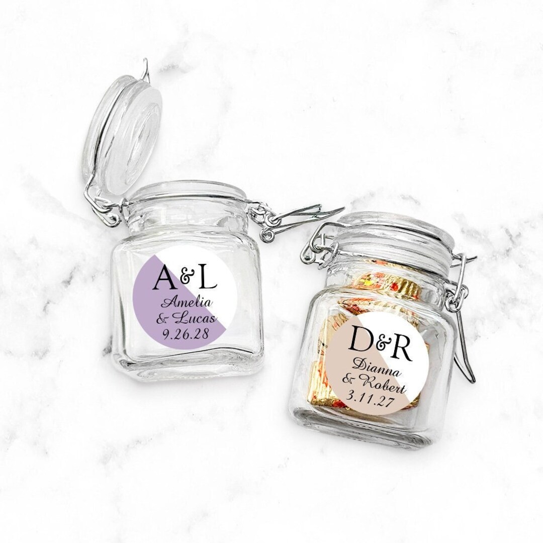 Mod Diagonal Personalized Mini Glass Favor Bottle Jar With Labels ...