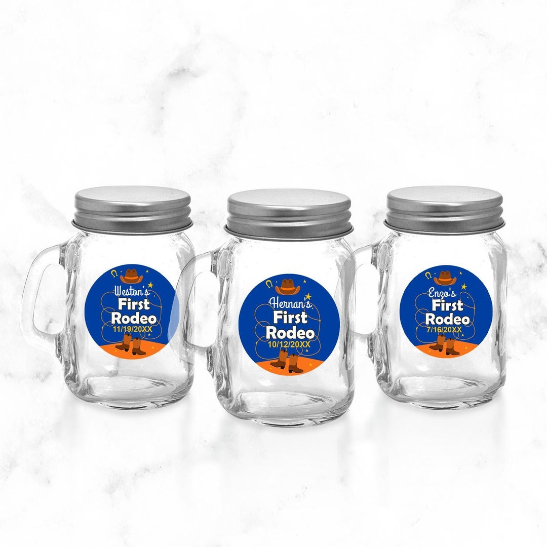 Boy First Rodeo Wild West Personalized Mini Glass Mason Jar Favors With ...