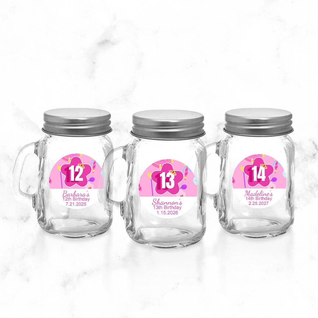 Kids Fancy Pink Birthday Personalized Mini Glass Mason Jar Favors With ...