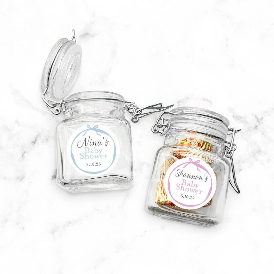 Baby Shower Bow Personalized Mini Glass Favor Bottle Jar Labels ...