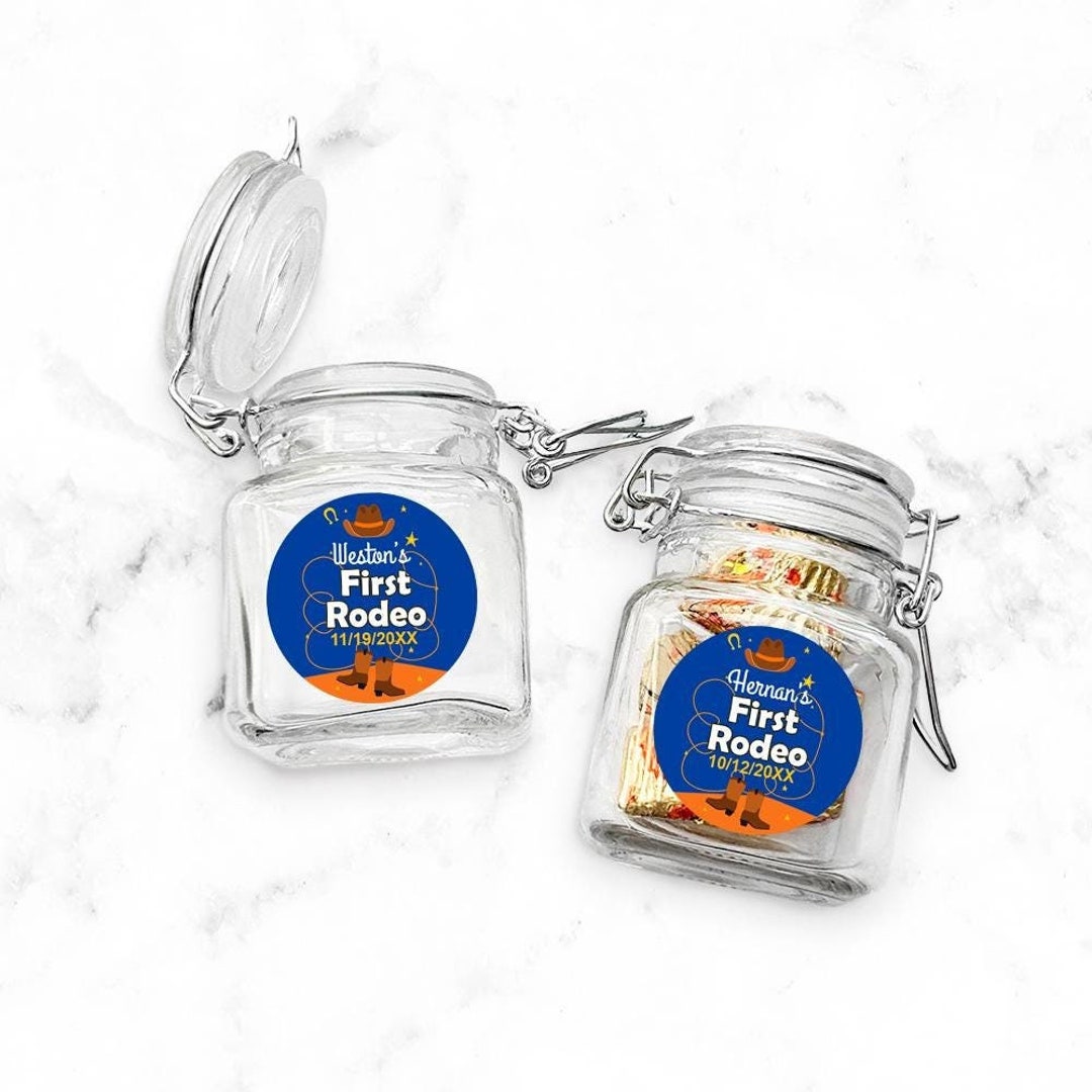Boy First Rodeo Wild West Personalized Mini Glass Favor Bottle Jar With ...