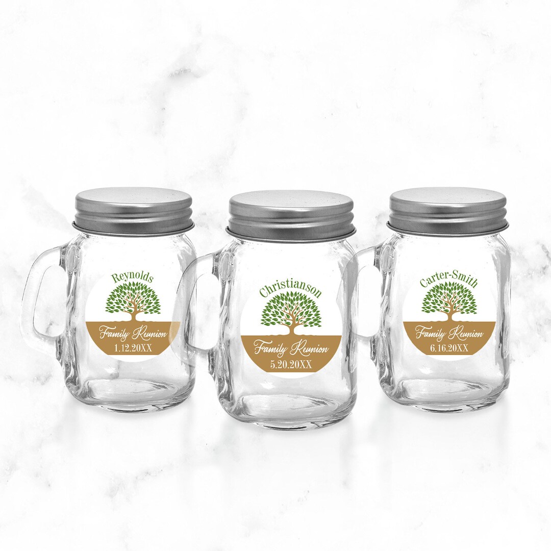 Family Reunion Personalized Mini Glass Mason Jar Favors With Labels ...
