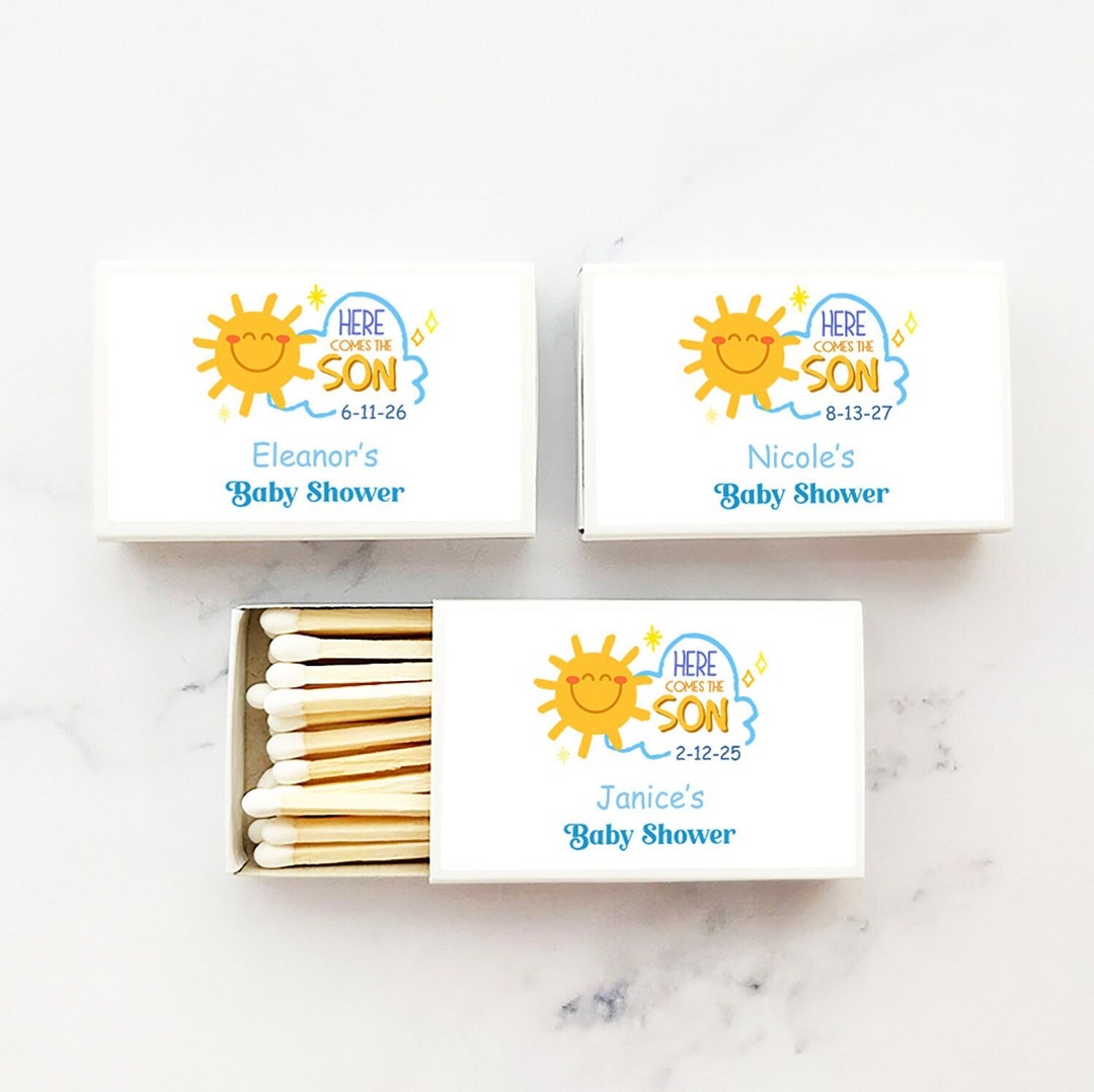 Set of 50 Personalized Matchbox With Here Comes the Son Baby Shower ...