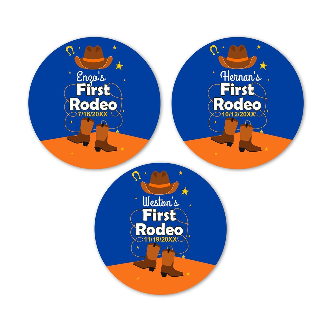 Boy First Rodeo Wild West Personalized Circular Round Labels, Cowboy ...