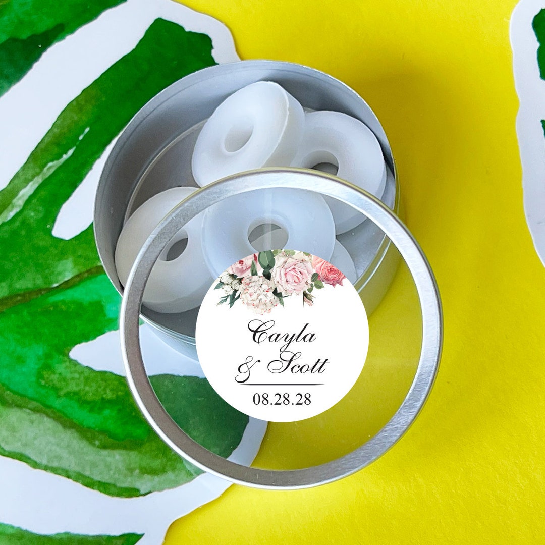 Set of 12 Personalized Matte Silver Round Tins With Labels - Floral ...