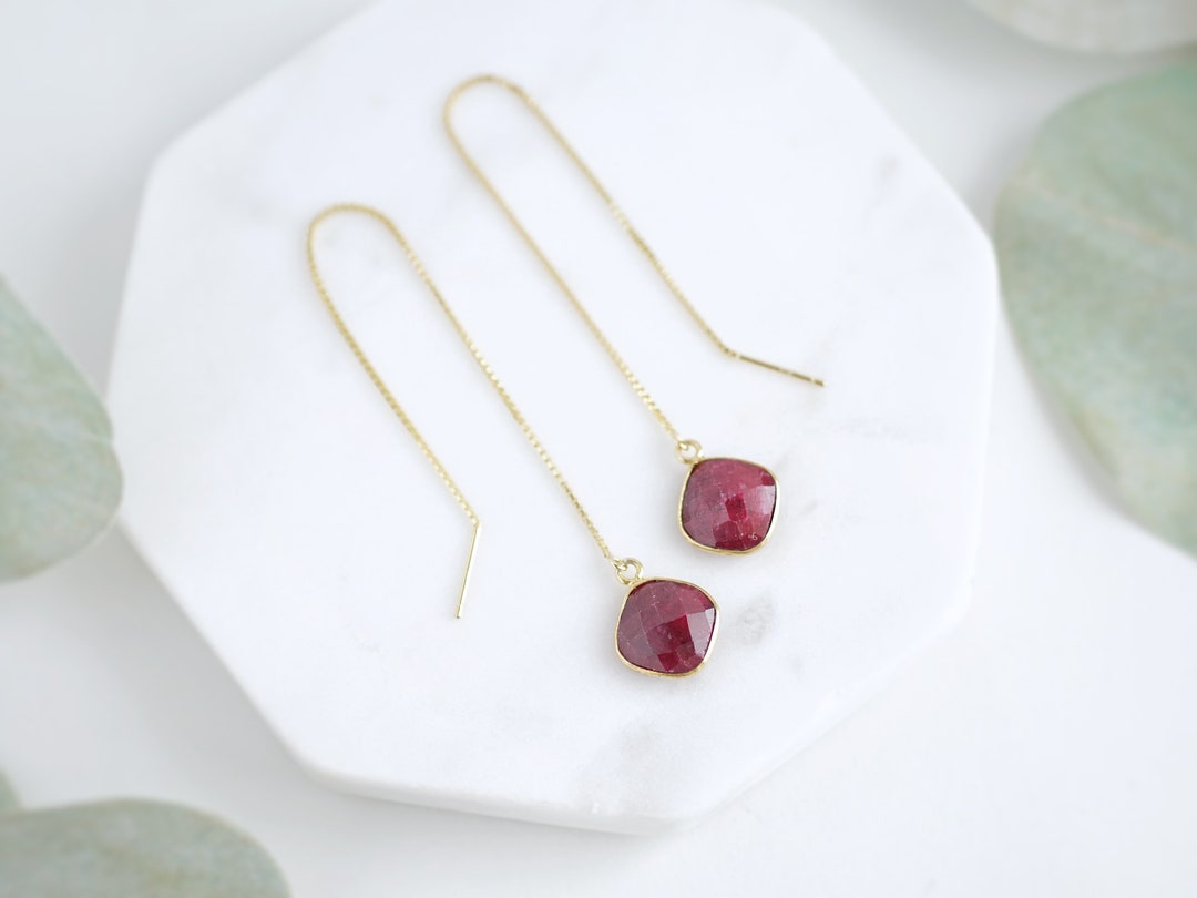 Natural Ruby Threader Earrings Gold Ruby Drop Earrings Natural Ruby ...