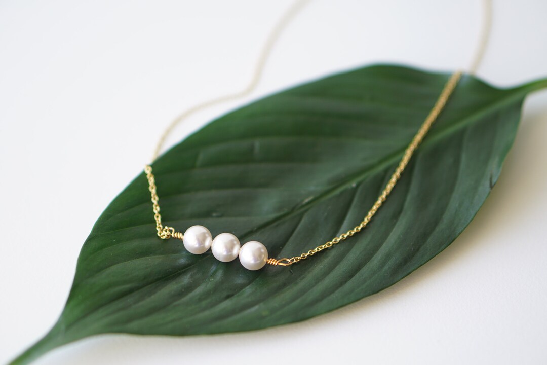 3 Pearl Necklace Three Pearl Necklace Triple Pearl Jewelry Pearl Bar ...
