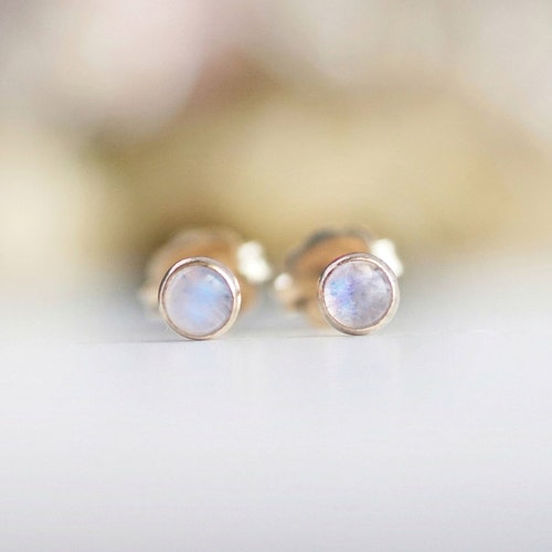 Gold Moonstone Earrings Rainbow Moonstone Studs Tiny Stud | Etsy