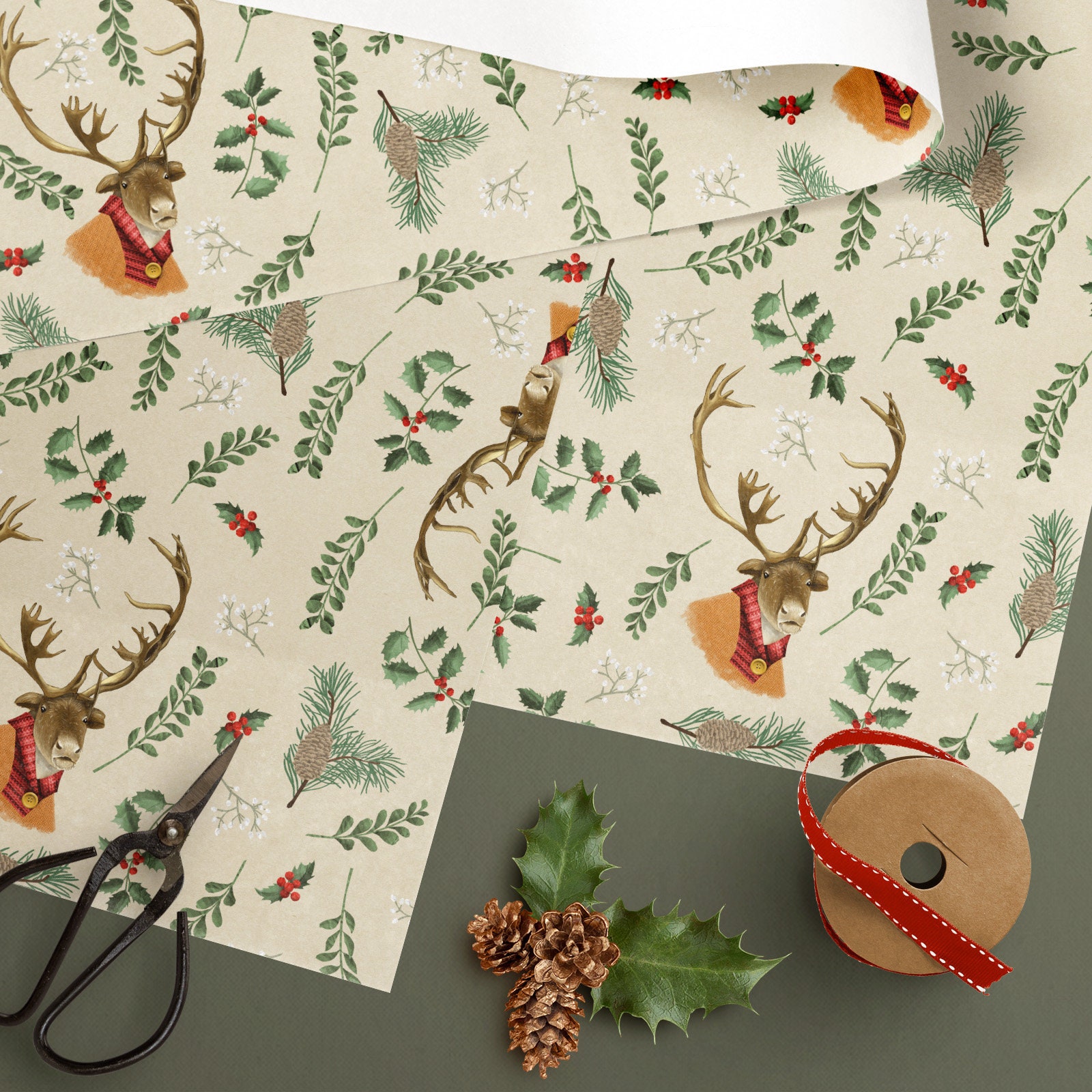 Wrapping paper reindeer set of 3 for Christmas gifts | Etsy