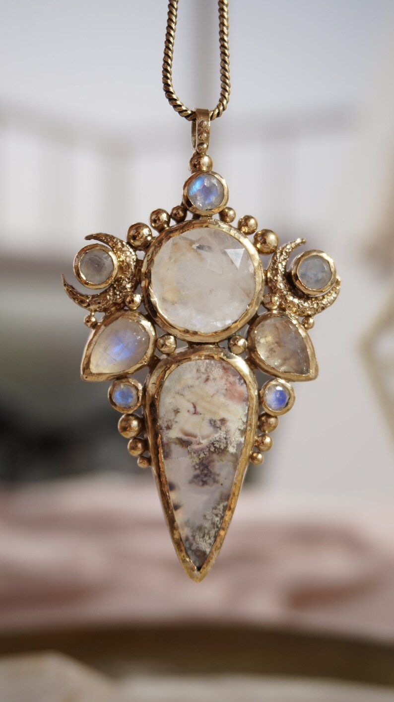 COSMIC HECATE • Handcrafted Triple Moon Goddess Brass Pendant • Moss ...