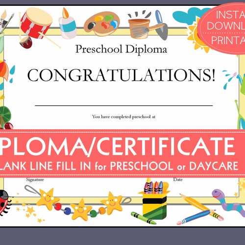 DIPLOMA/CERTIFICATE for Preschool or Daycare: Printable PDF - Etsy