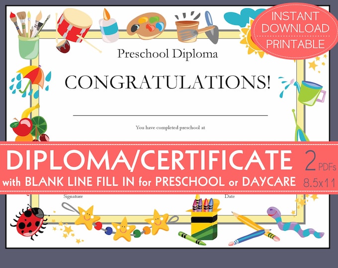 DIPLOMA/CERTIFICATE for Preschool or Daycare: Printable PDF - Etsy