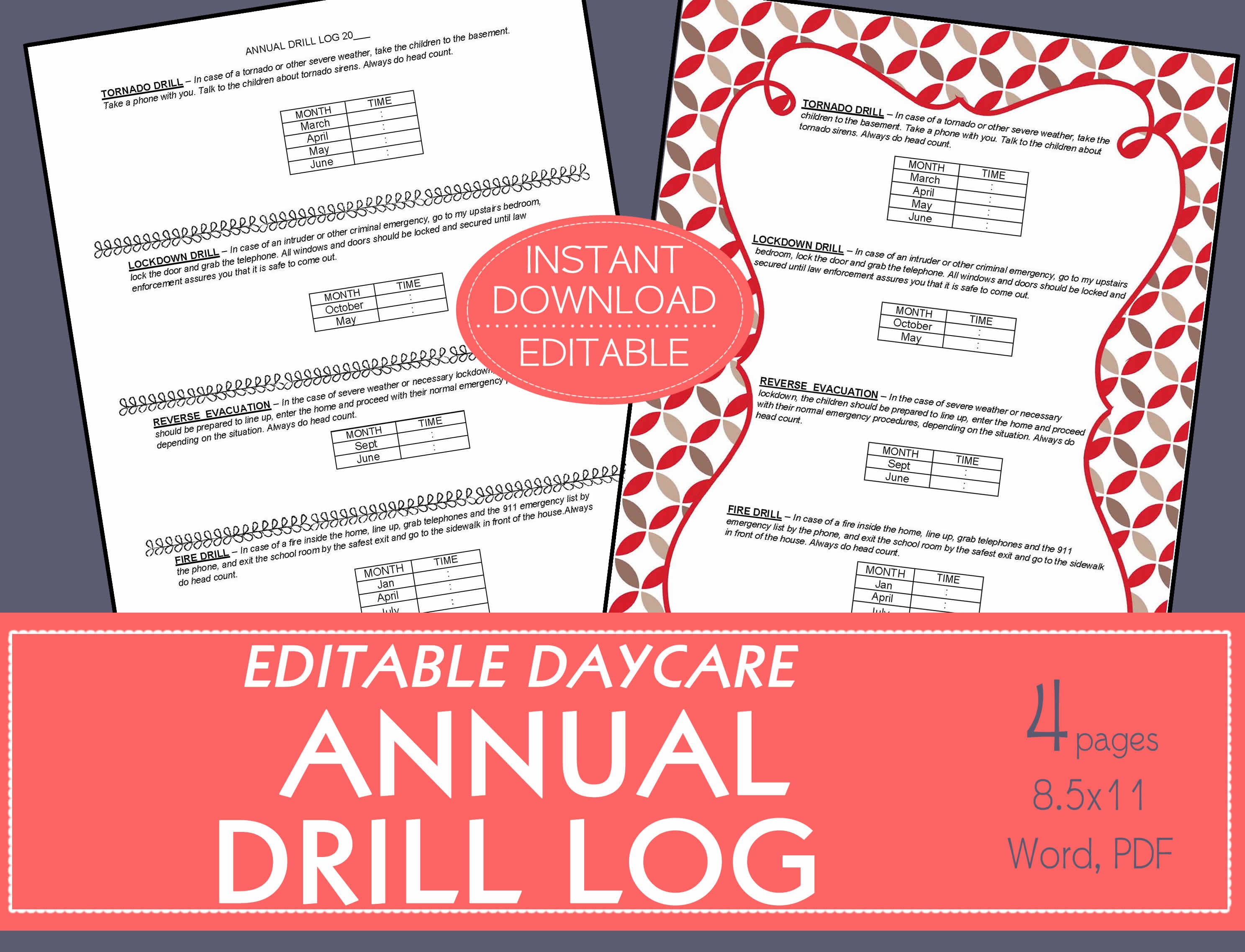 Editable Annual DRILL LOGS for Preschool/schools/daycare /child Care ...