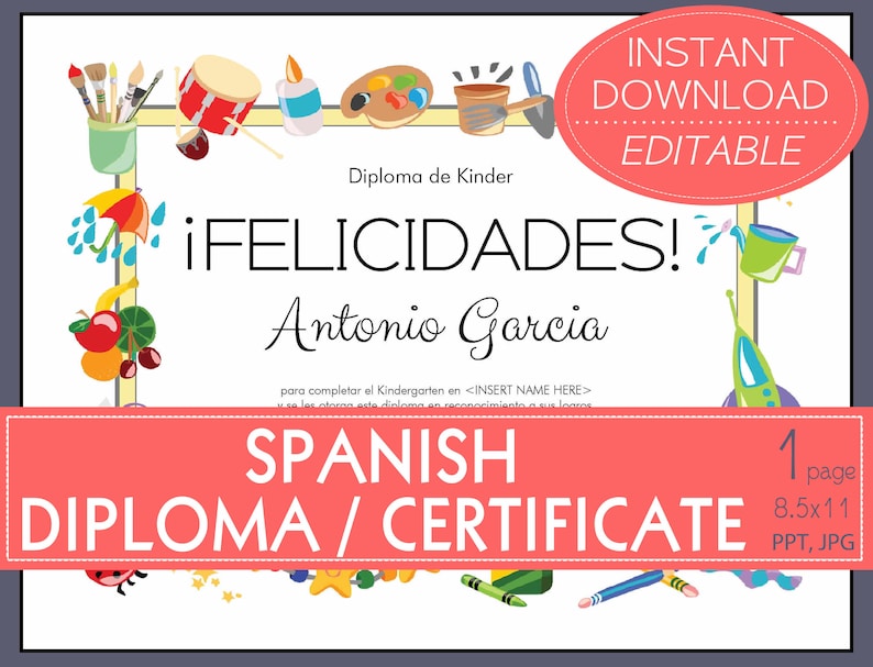 Editable SPANISH CERTIFICATE/ DIPLOMA for Graduation: Preschool ...