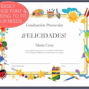 Editable SPANISH CERTIFICATE/ DIPLOMA for Graduation: Preschool ...
