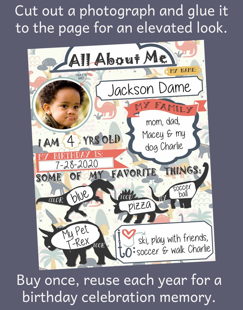 Dinosaur All About Me Poster: Printable Birthday Keepsake (digital ...