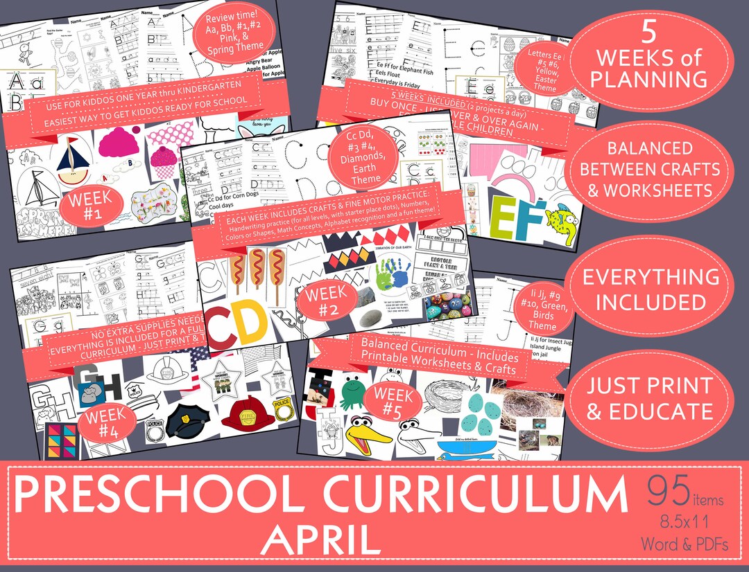 April Preschool Curriculum: Conceptual Worksheets, Crafts (digital ...