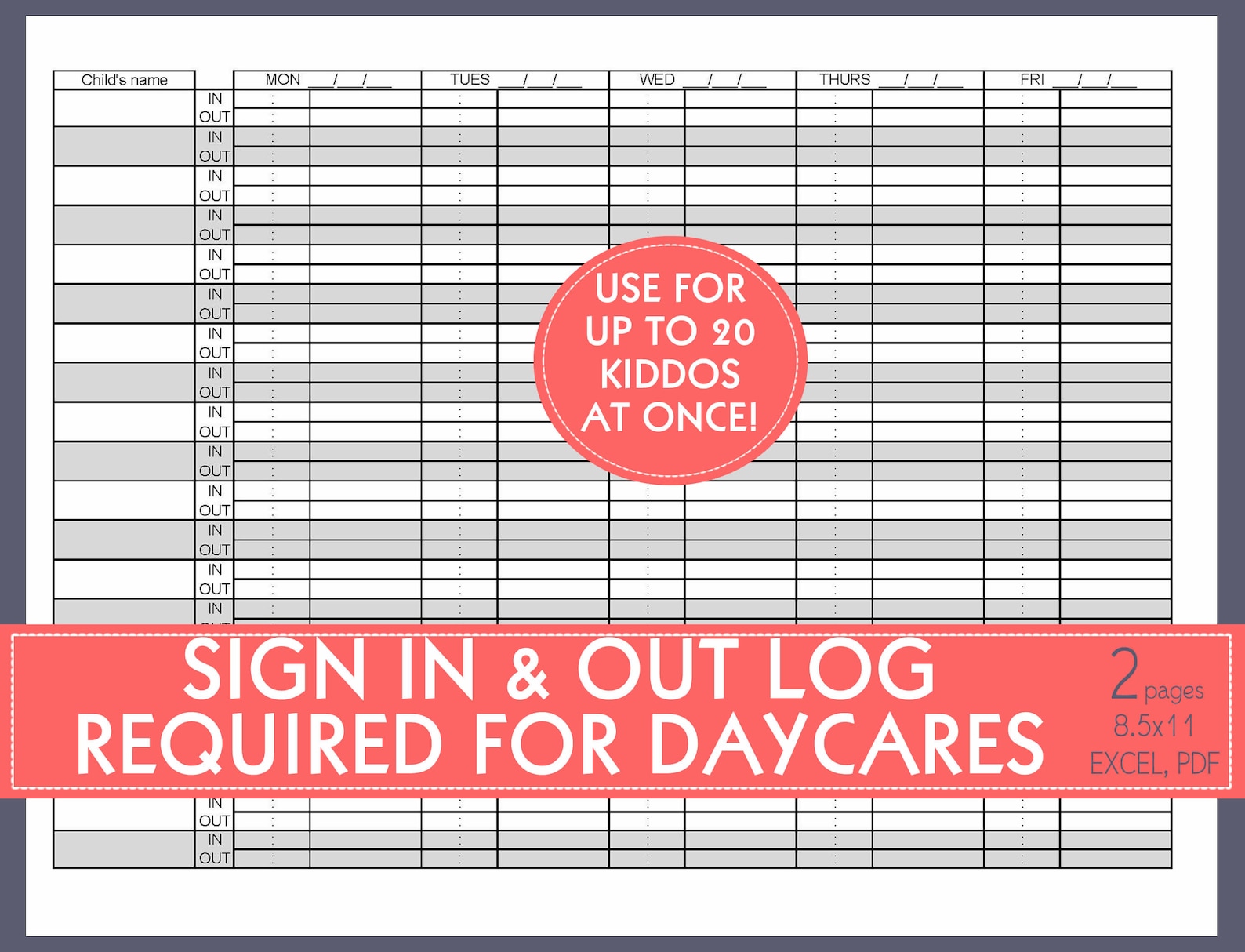 SIGN IN/OUT Editable, Required Weekly Logs for Preschool /schools ...