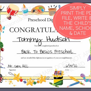 DIPLOMA/CERTIFICATE for Preschool or Daycare: Printable PDF With Fill ...