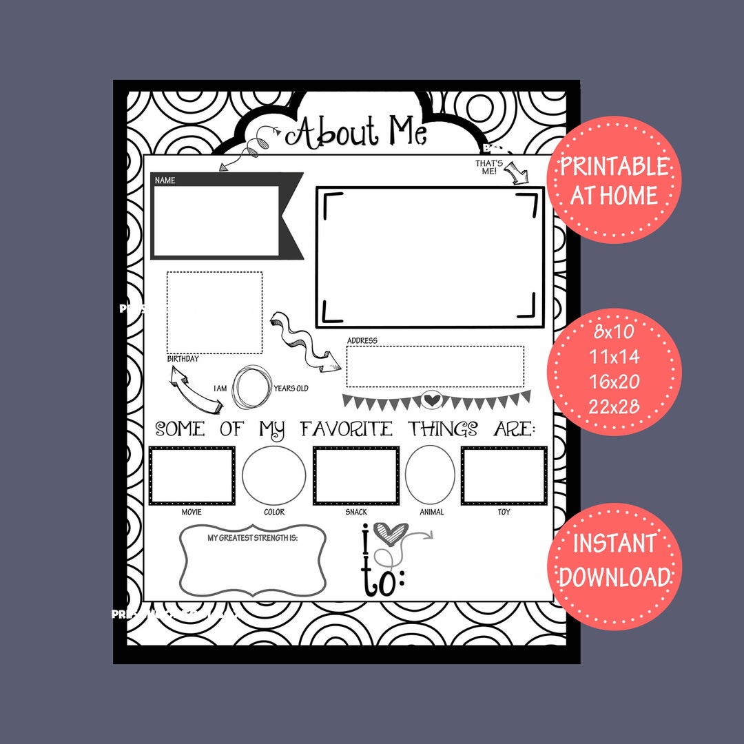 Colorable ALL ABOUT ME Black White Modern Circles Printable - 8x10 ...