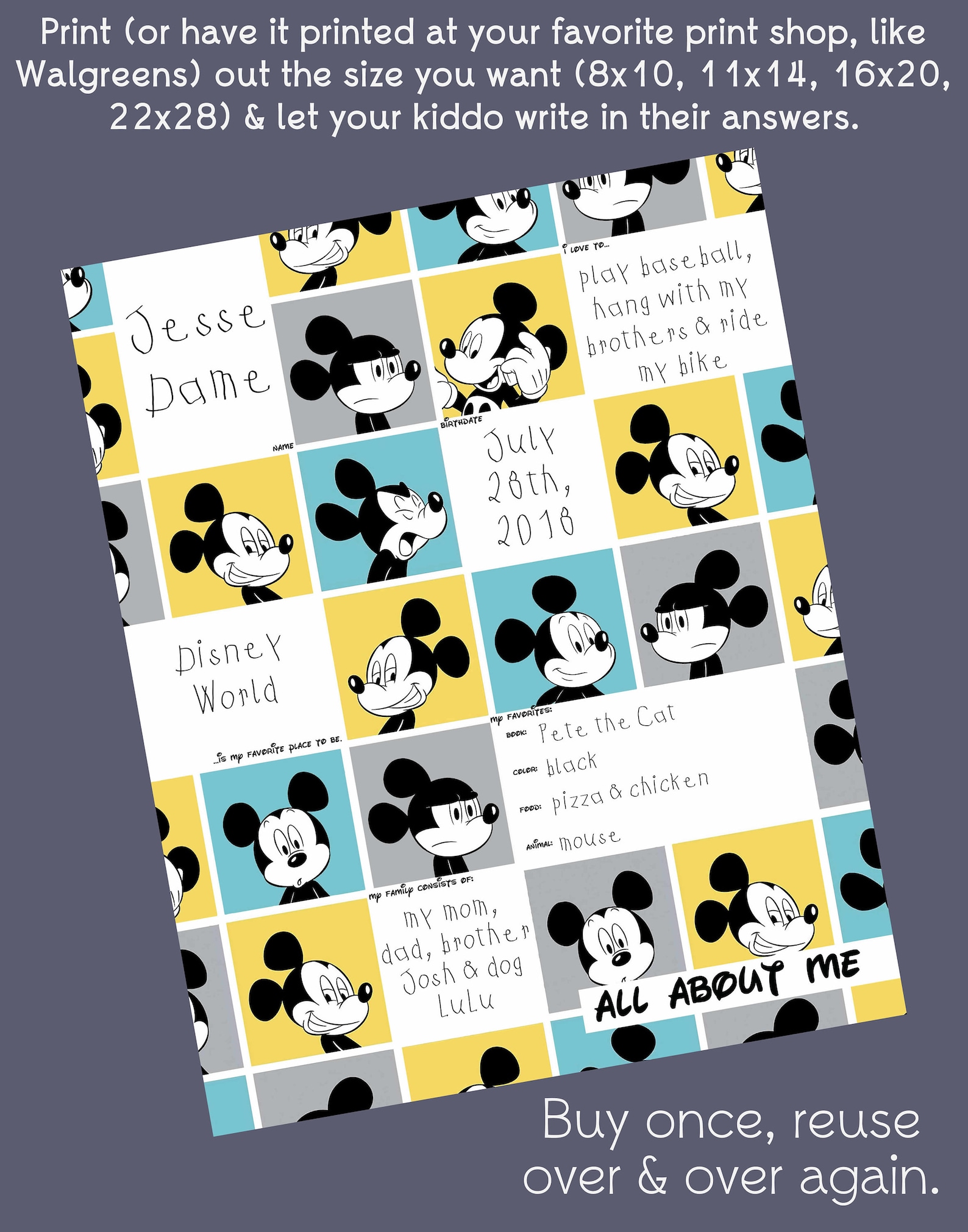 ALL ABOUT ME Mickey Themed -printable in 8x10, 11x14, 16x20, 22x28 ...