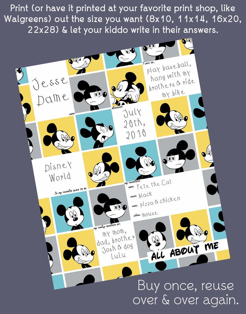 ALL ABOUT ME Mickey Themed -printable in 8x10, 11x14, 16x20, 22x28 ...