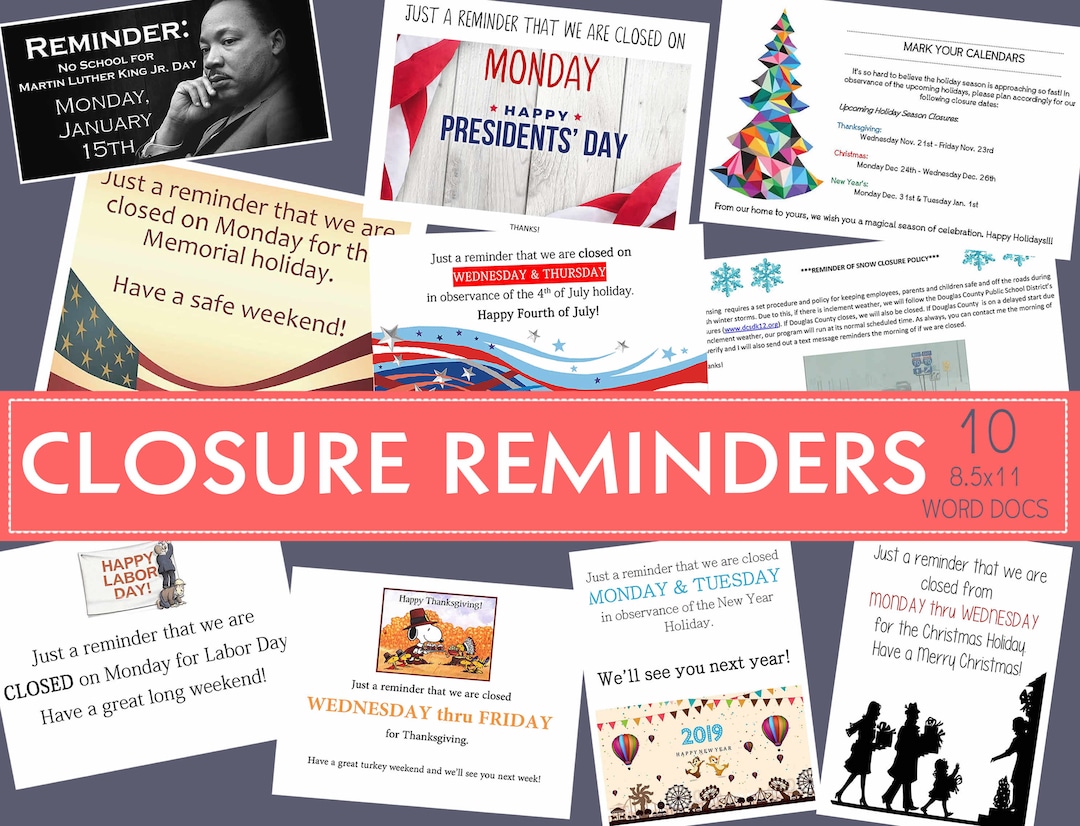 Editable Holiday Closure Notice Set: Business Closure Reminders (word ...