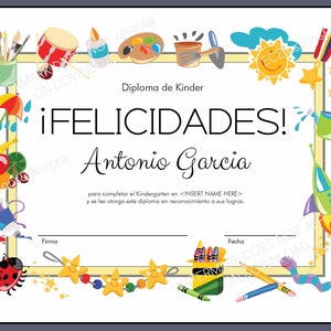 Editable SPANISH CERTIFICATE/ DIPLOMA for Graduation: Preschool ...